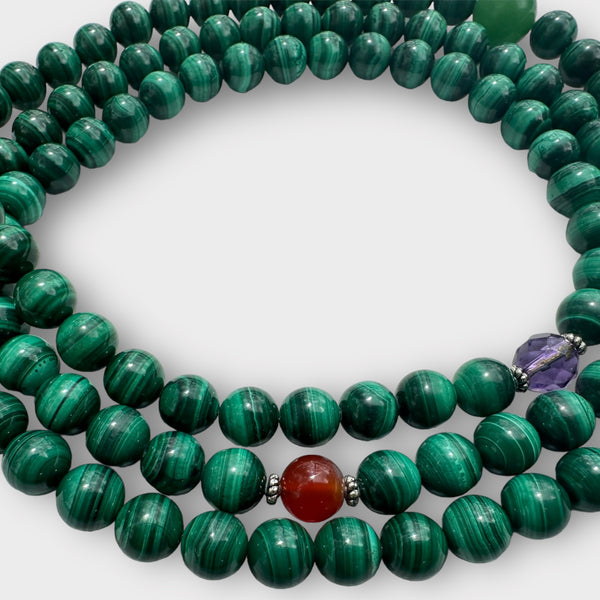 Natural Malachite Mala with Amethyst and Carnelian Spacers - Tibet Arts ...